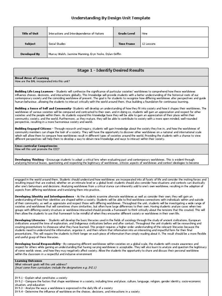 ECUR386 Grade 9 Unit Plan | PDF | World View | Educational Assessment