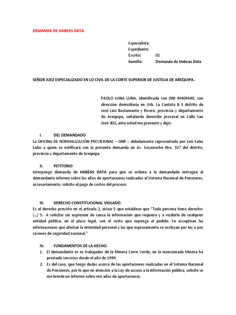 31- Demanda de Habeas Data | Derecho Constitucional | Demanda judicial