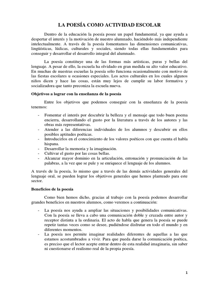 La Poesia Como Actividad Escolar | PDF | Poesía | Lectura (proceso)