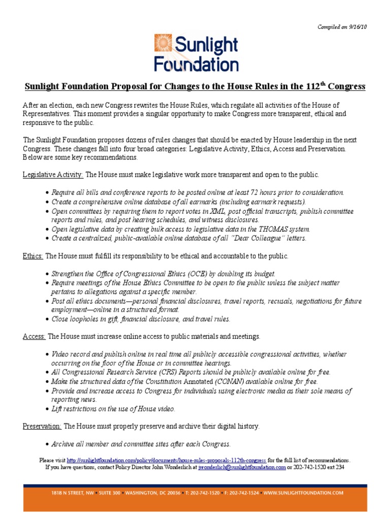 Sunlight Foundation Proposal For Changes To The House Rules in The ...