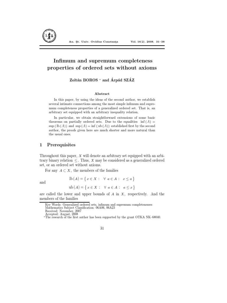 Infimum and Supremum Completeness Properties of Ordered Sets Without Axioms | PDF | Theorem ...