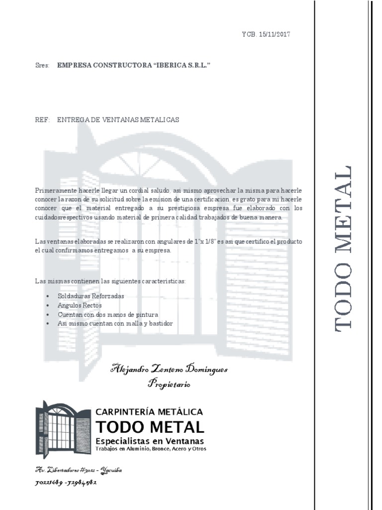 Certificación De Ventanas Metálicas Entregadas Pdf