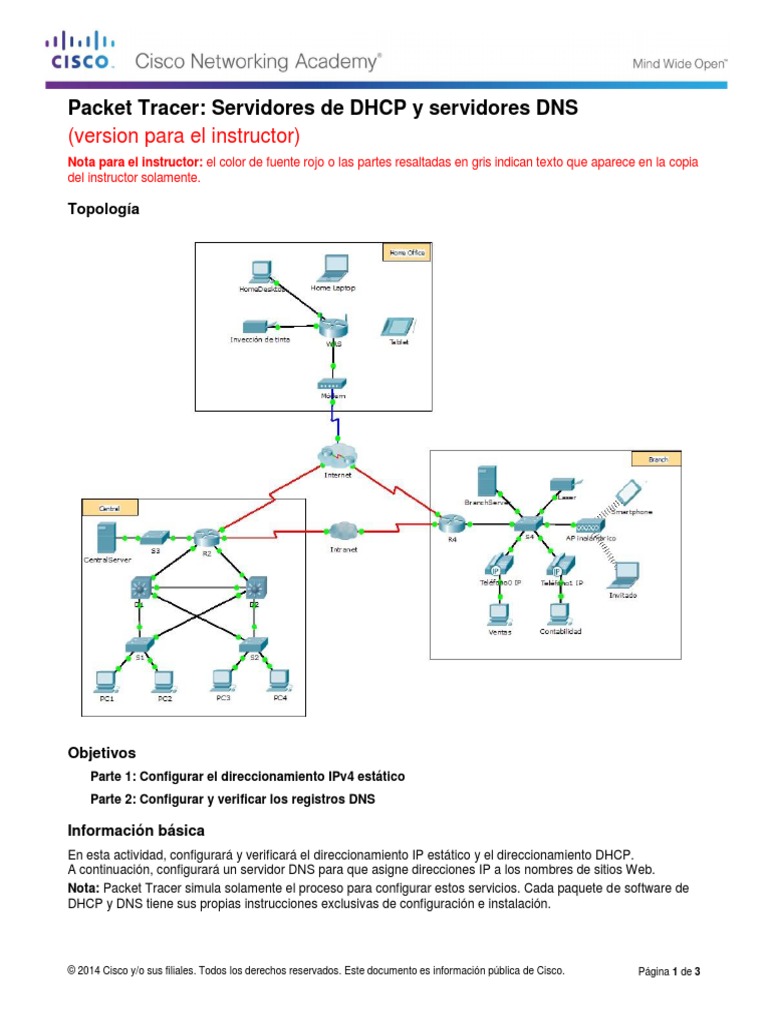 10.2.2.8 Packet Tracer - DNS and DHCP Instructions IG | PDF | Dirección IP | sistema de nombres ...