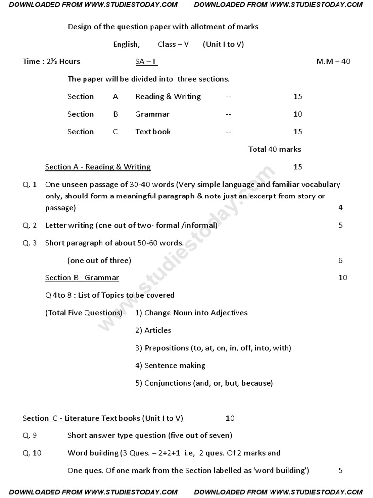 CBSE Class 5 English Question Paper SA 1 2013 | Download Free PDF ...