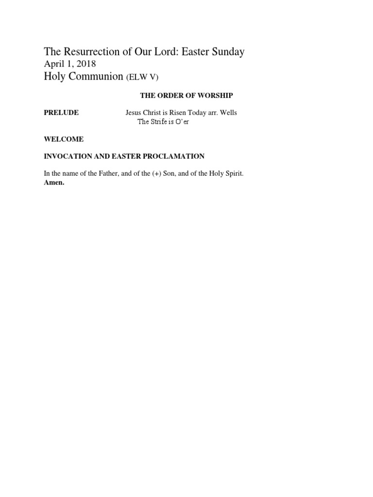 The Resurrection of Our Lord: Easter Sunday Holy Communion: April 1 ...