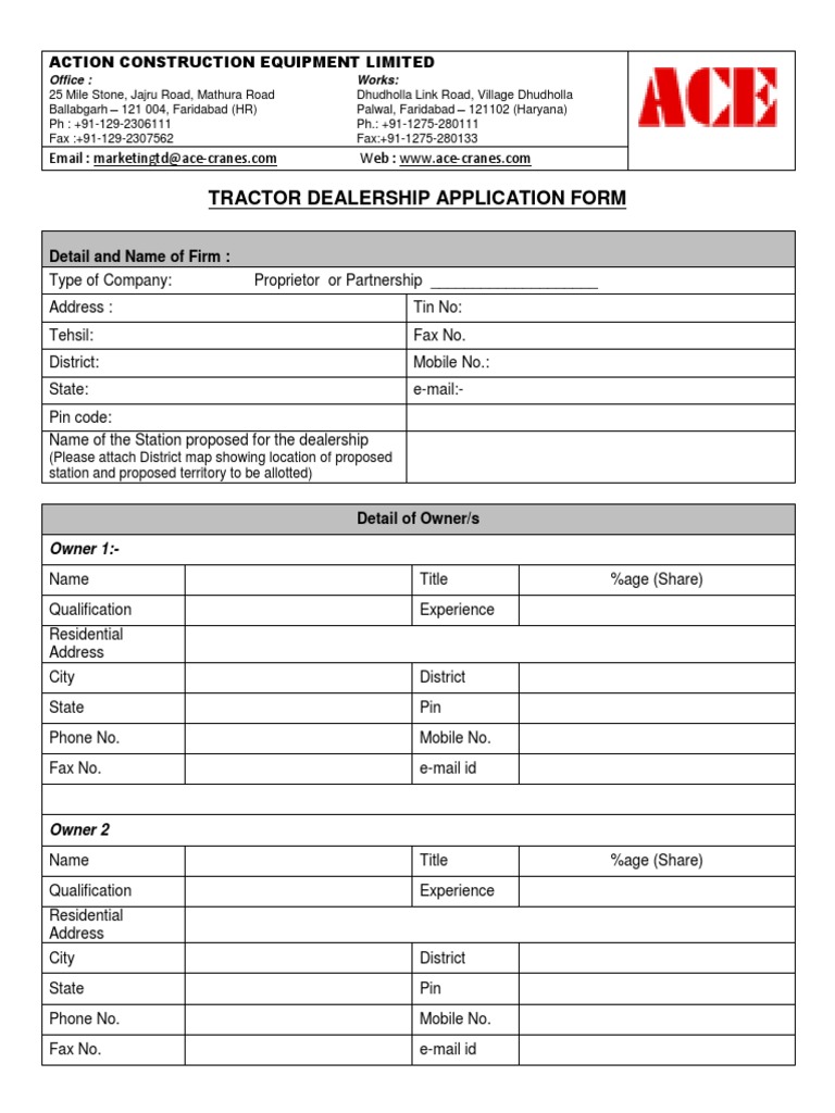 ACE Tractor Dealership Application Form | PDF | Computing And ...