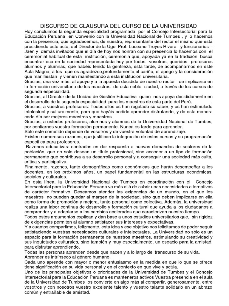 Discurso de Clausura Del Curso de La Universidad Abierta | PDF | Maestros | Sociedad