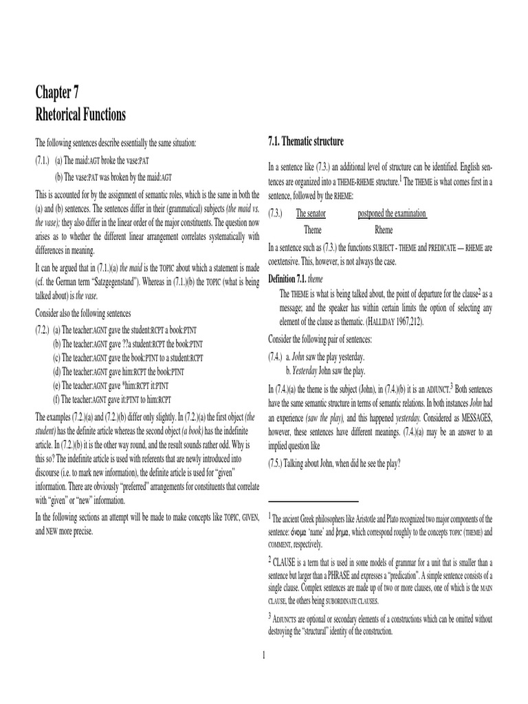 Rhetorical Functions: 7.1. Thematic Structure | PDF | Subject (Grammar ...