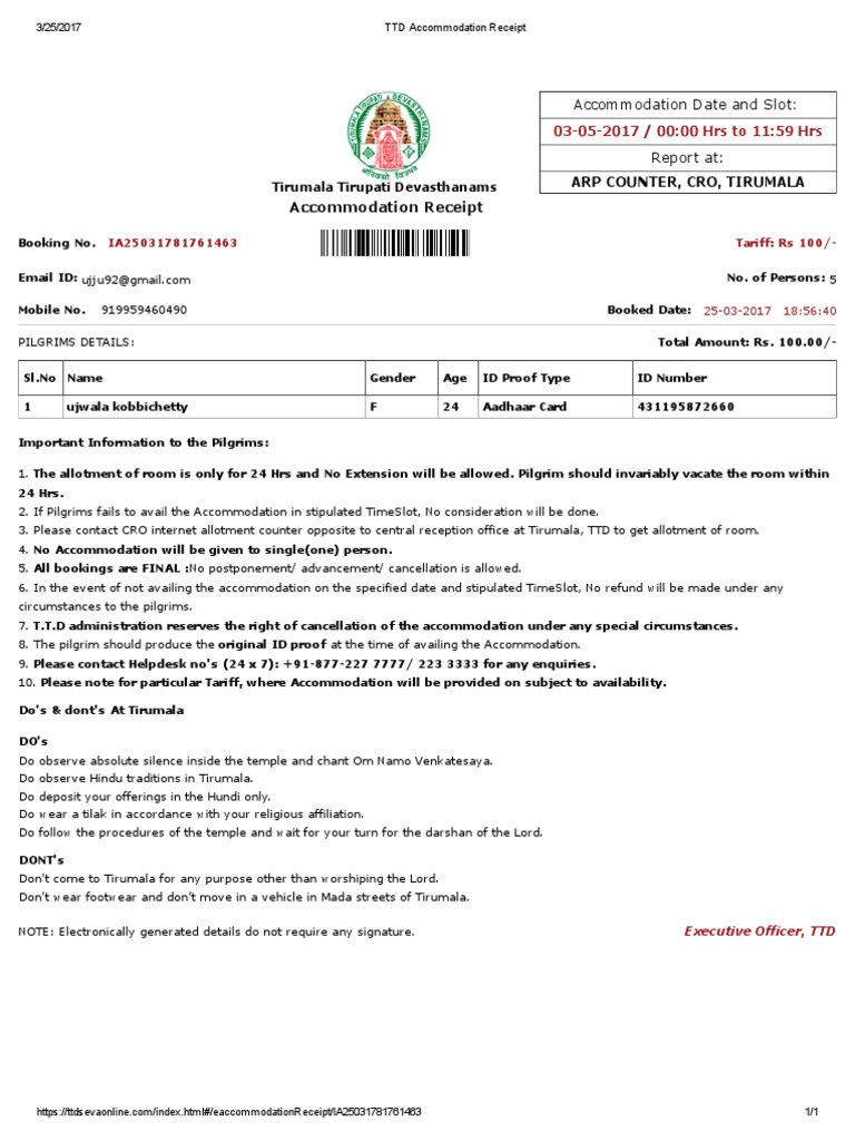 TTD Accommodation Receipt | PDF | Business | Religion And Belief