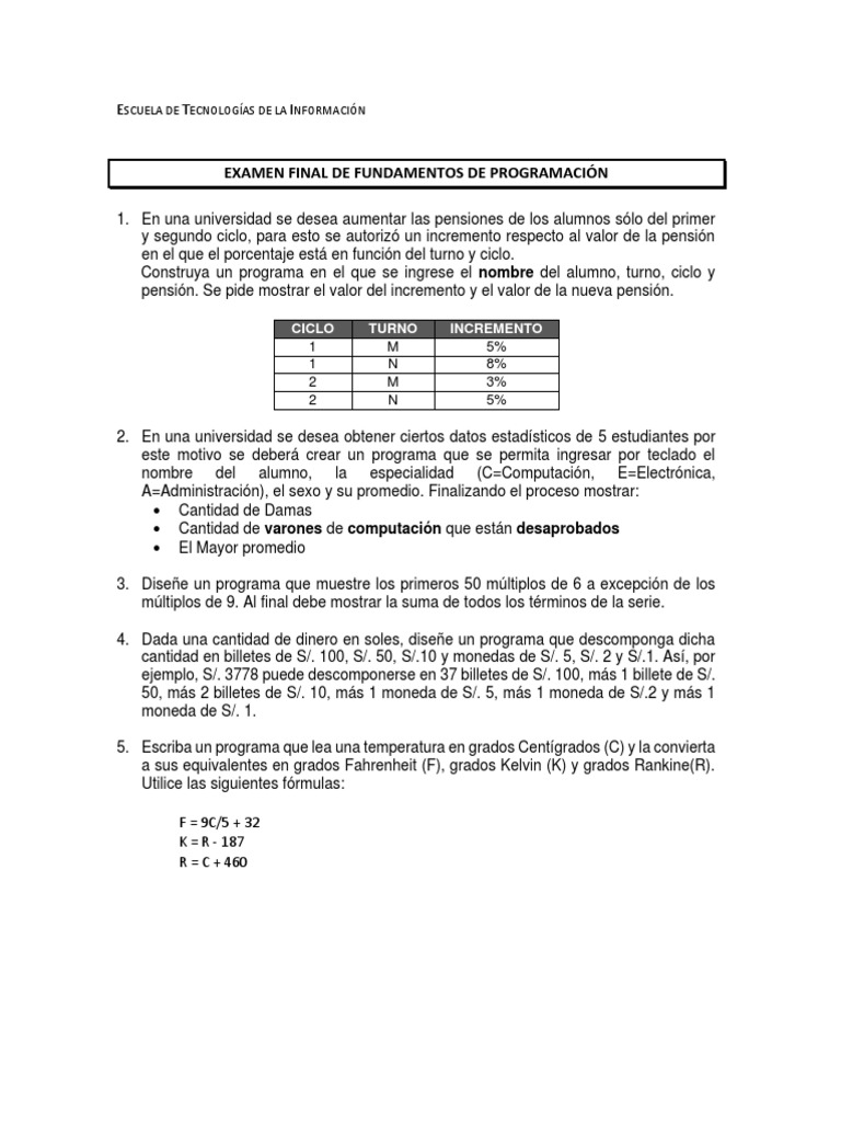 Examen Final de Fundamentos de Programación | PDF