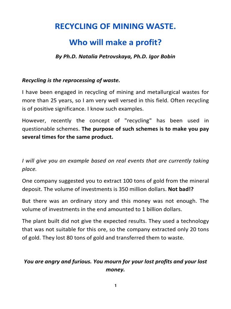 RECYCLING OF MINING WASTE. Who Will Make A Profit. PHD Natalia ...