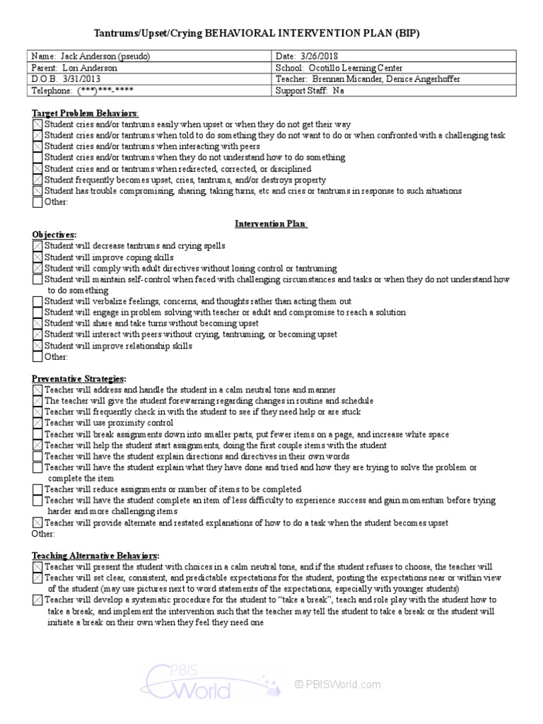 Tantrums/Upset/Crying BEHAVIORAL INTERVENTION PLAN (BIP) : Target ...