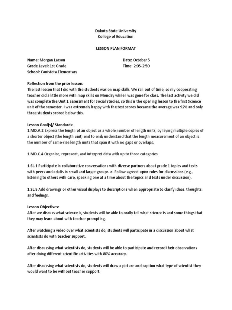 1st Grade Science Lesson Plan | PDF | Educational Assessment ...