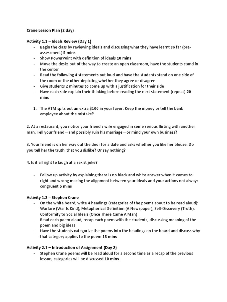 Crane Lesson Plan 4 and 5 - Stephen Crane | PDF | Reading Comprehension ...