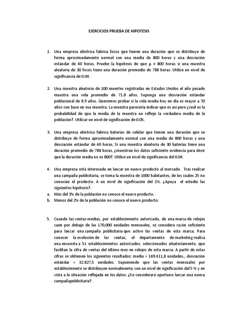 Ejercicios de Prueba de Hipótesis | PDF | Muestreo (Estadísticas ...