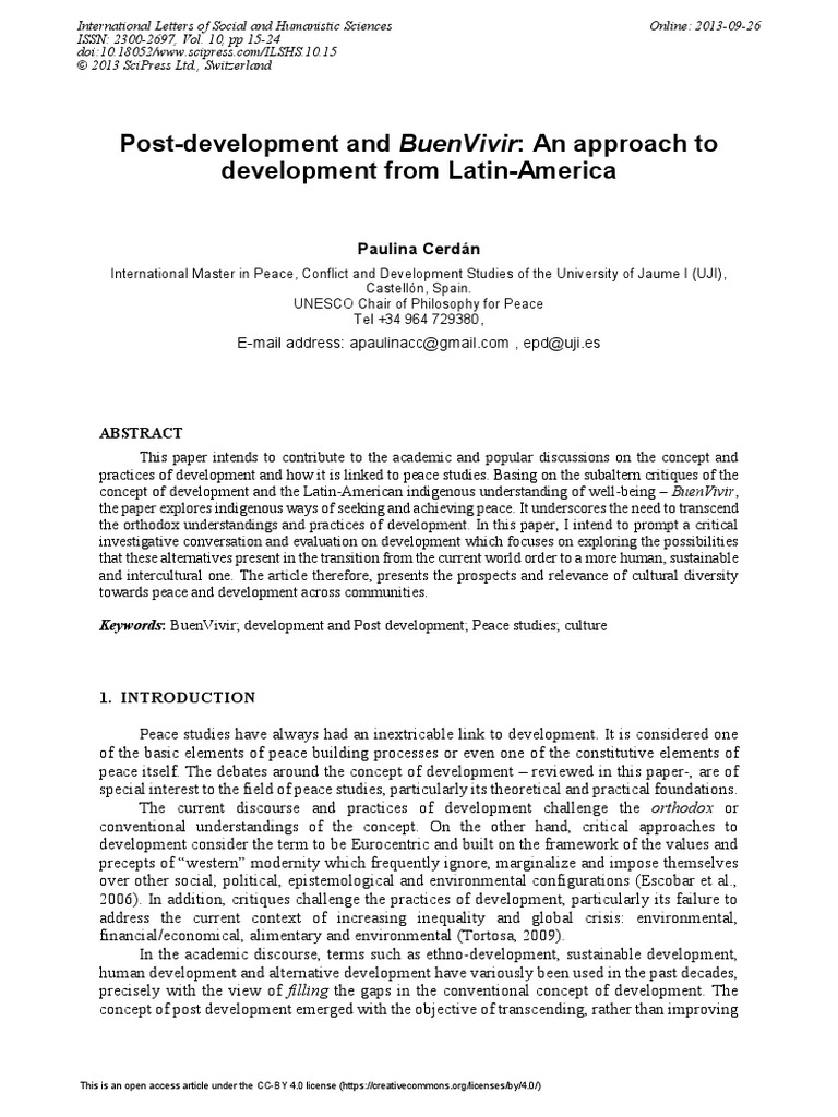 Post-Development and Buenvivir: An Approach To Development From Latin ...