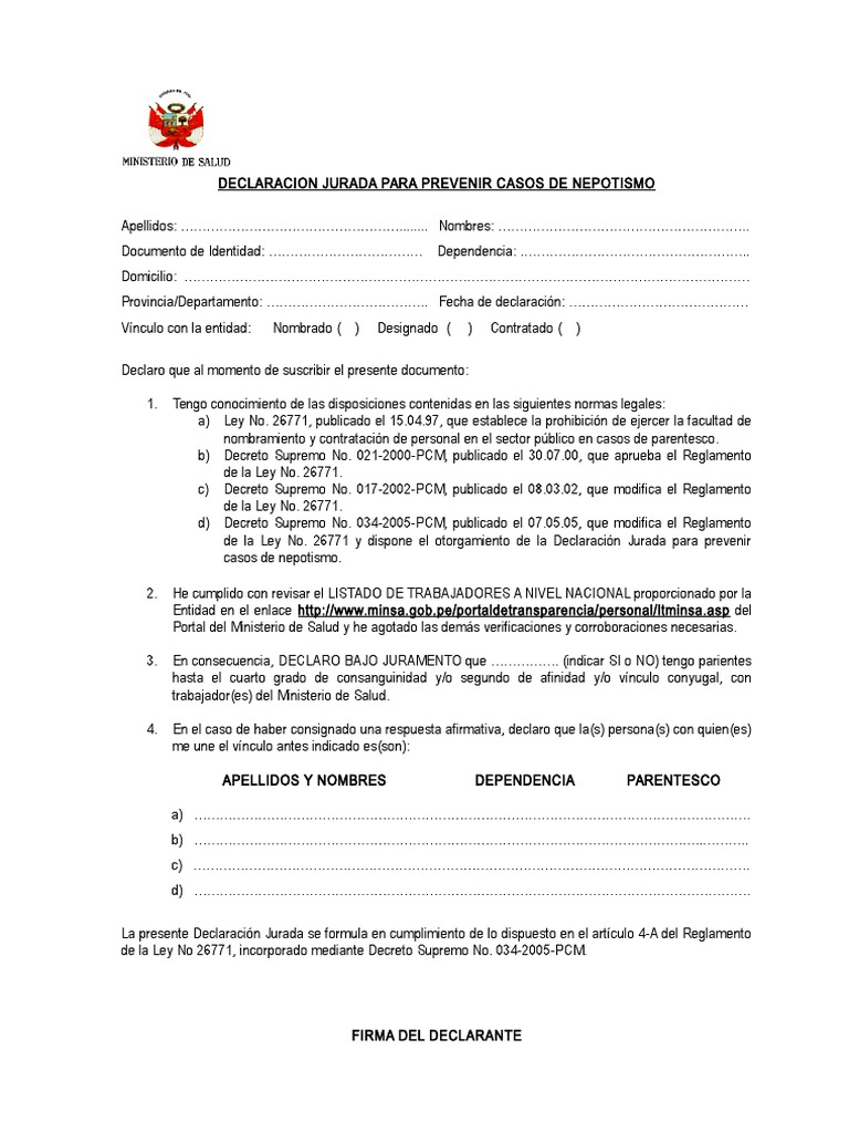 Declaracion Jurada para Prevenir Casos de Nepotismo | PDF | Parentesco ...