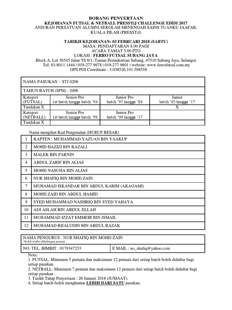 Borang Futsal Dan Netball PRESSTiJ Edisi 2017 - Ver1 | PDF
