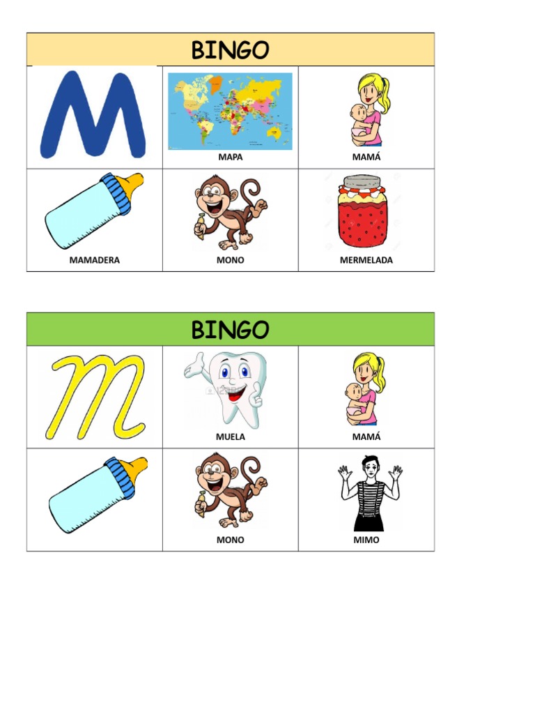 Bingo de palabras con la letra M | PDF