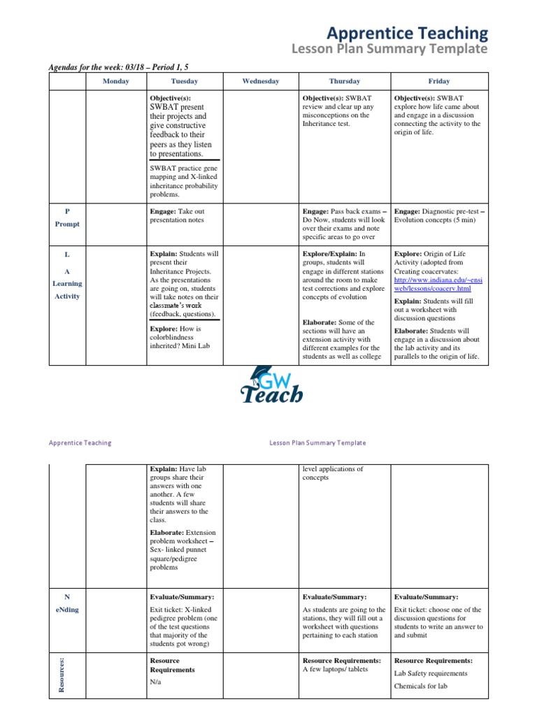 Apprentice Teaching: Lesson Plan Summary Template | PDF | Lesson Plan ...