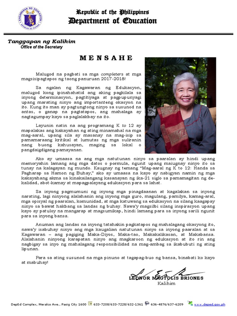 Graduation Message (Filipino) Sec Briones 2018 | PDF