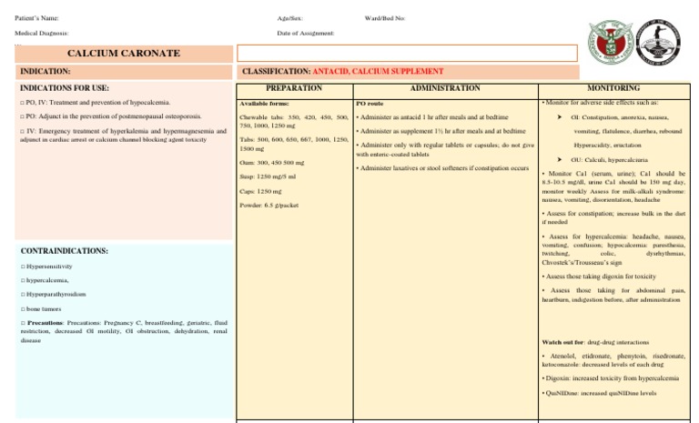 Calcium Carbonate Medication Sheet: Indications, Administration ...