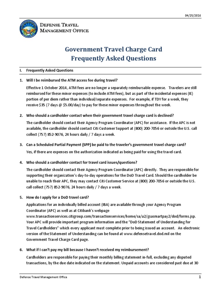 Government Travel Charge Card Frequently Asked Questions: D T M O | PDF ...