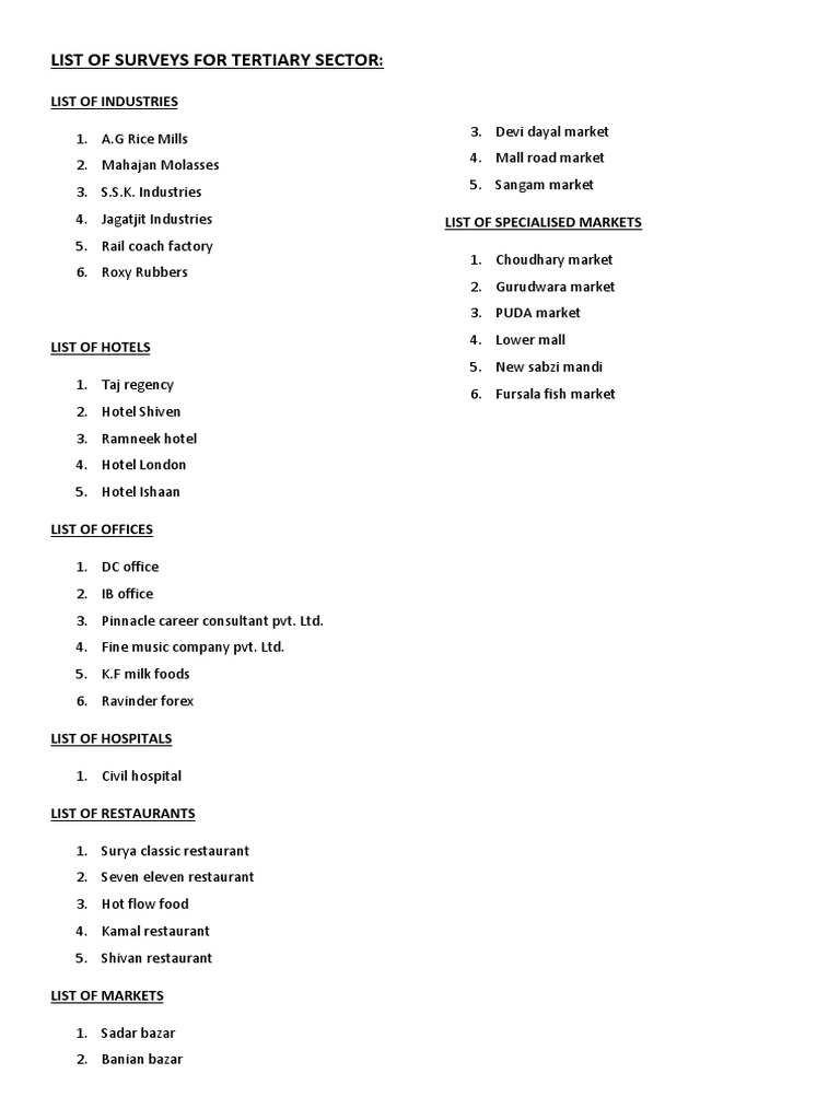 List of Surveys For Tertiary Sector | Download Free PDF | Restaurant ...