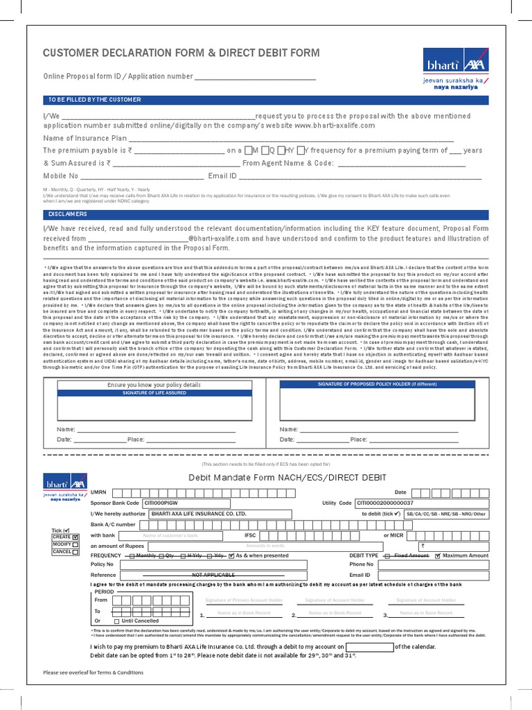 Customer Declaration Form | Download Free PDF | Debit Card | Insurance