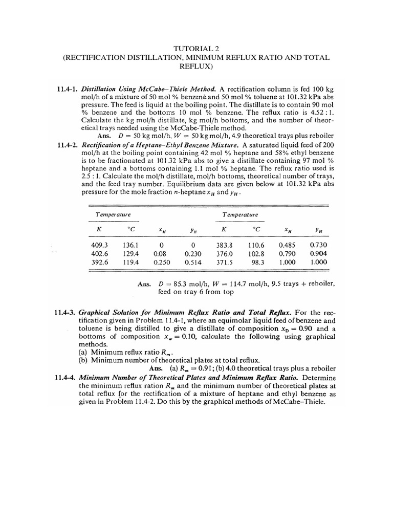 Tutorial 2 (Rectification Distillation, Minimum Reflux Ratio and Total ...
