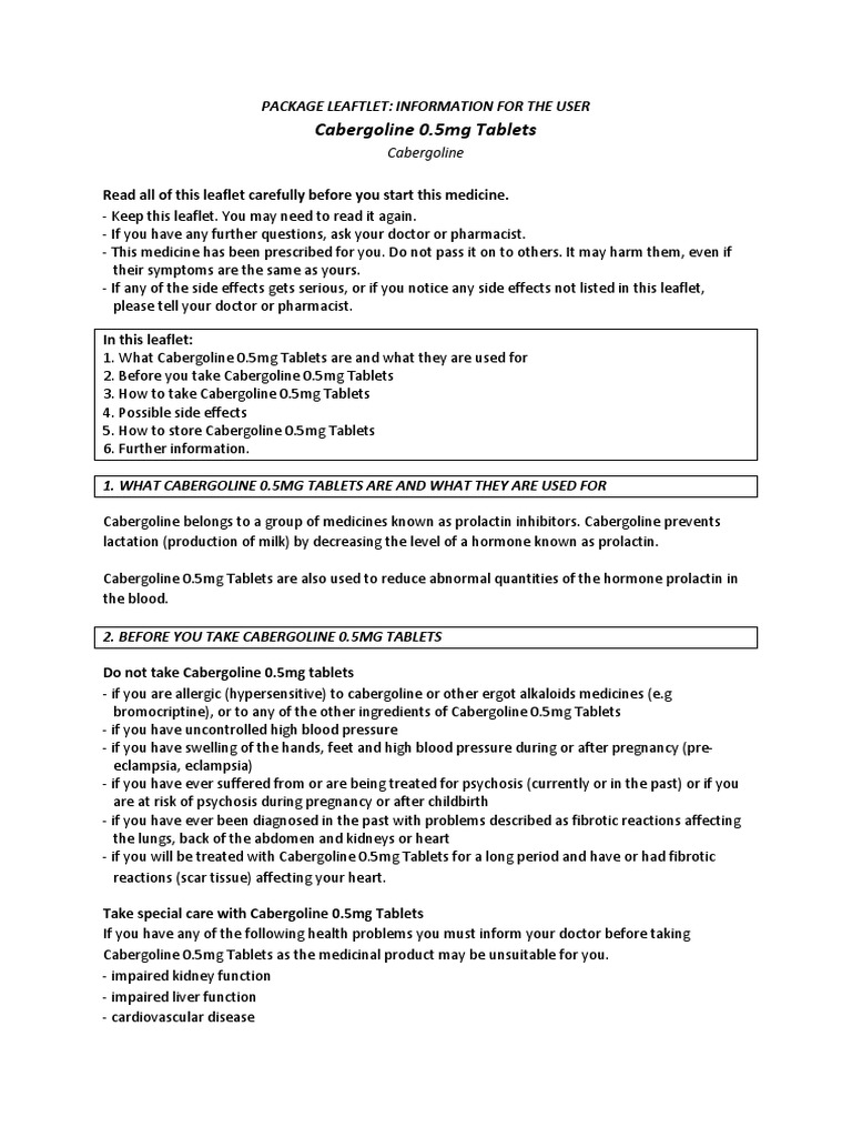 Package Leaflet: Information for the User Cabergoline 0.5mg Tablets - A ...