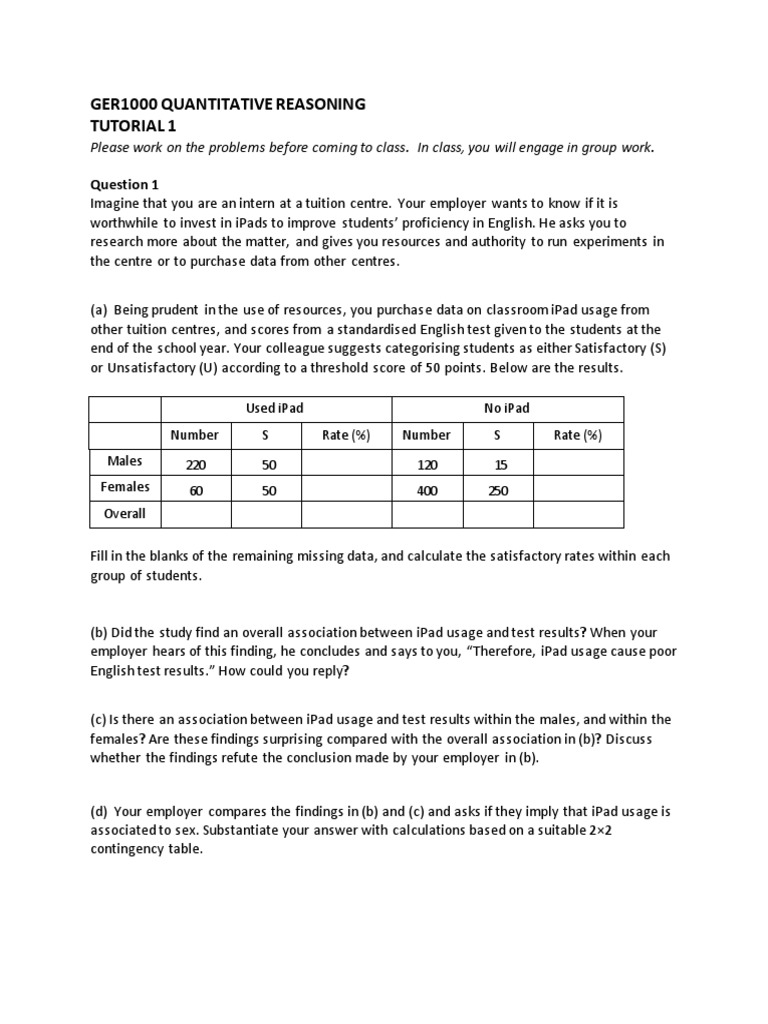 GER1000 Quantitative Reasoning Tutorial 1 | PDF | Experiment | Cognitive Science