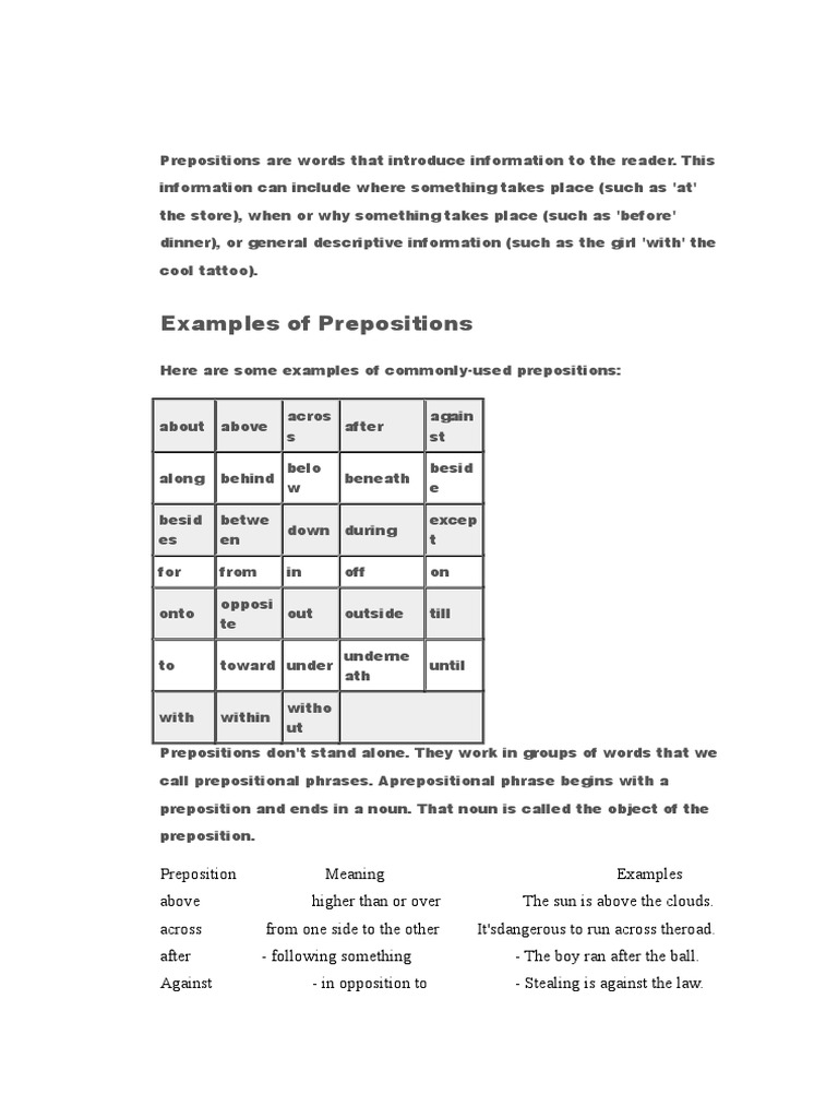 Examples of Prepositions | PDF | Preposition And Postposition | English ...
