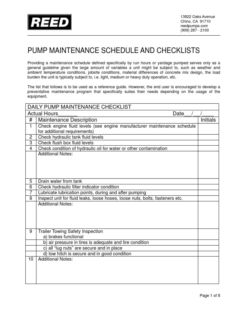Maintenance Schedule Trailer Pumps PDF | PDF | Manufactured Goods ...