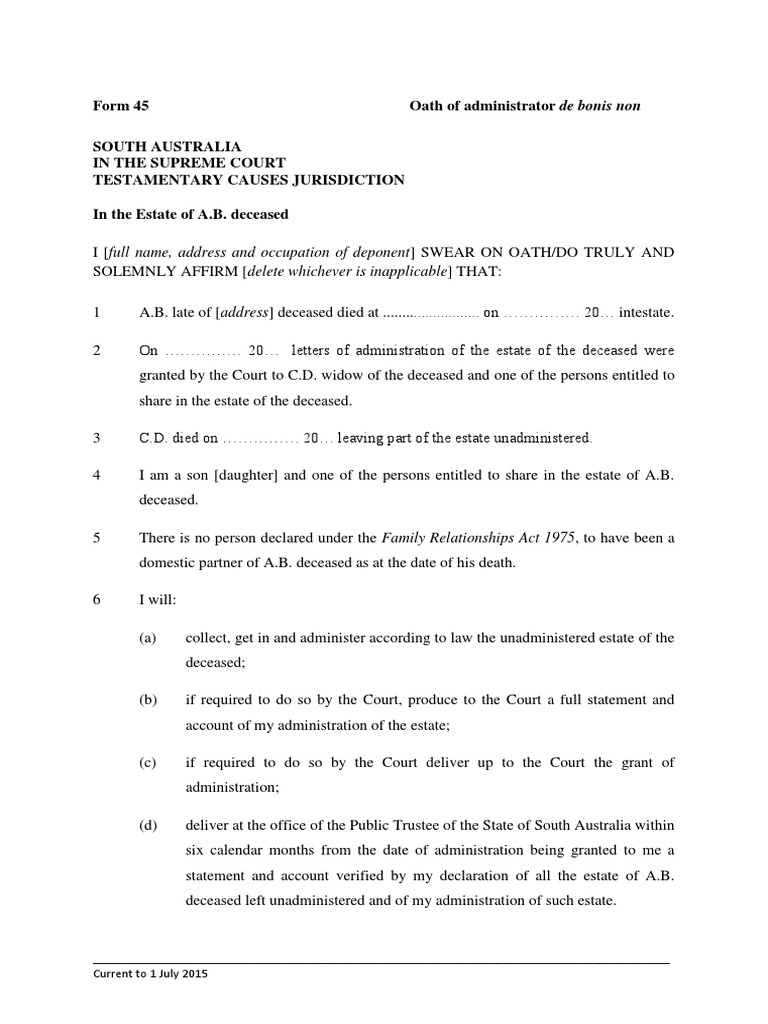 Form 45 - Oath of Administrator de Bonis Non | PDF | Affidavit | Government