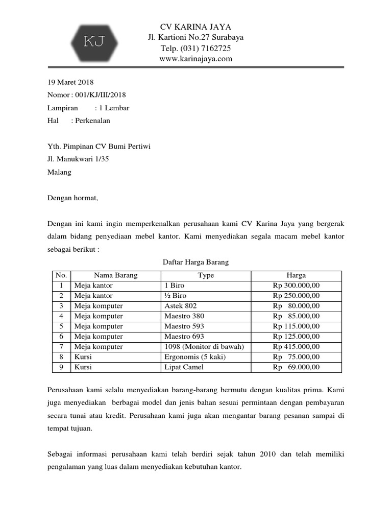 Surat Perkenalan CV Karina Jaya | PDF