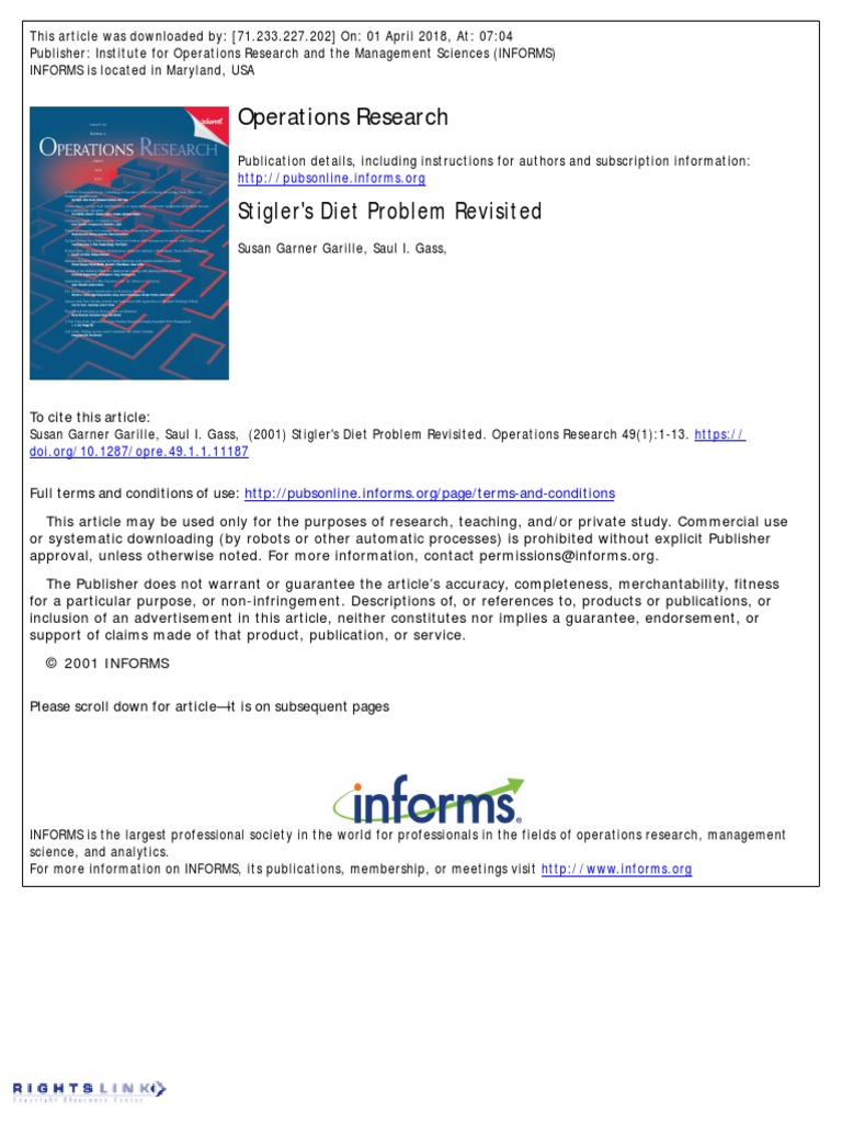 Stigler's Diet Problem Revisited: Operations Research | PDF | Nutrition | Diet & Nutrition