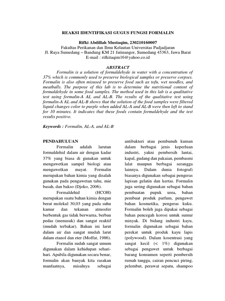 Reaksi Identifikasi Gugus Fungsi Formalin | PDF
