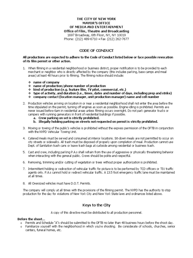 NYC Film Permit Code of Conduct | PDF | Traffic | Transport