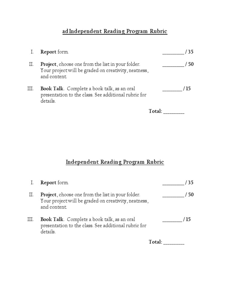 Independent Reading Program Rubric | PDF | Art
