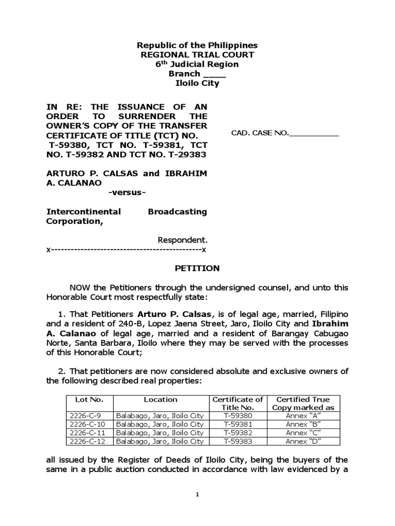 Petition for the Issuance of an Order to Surrender Title Calsas and ...