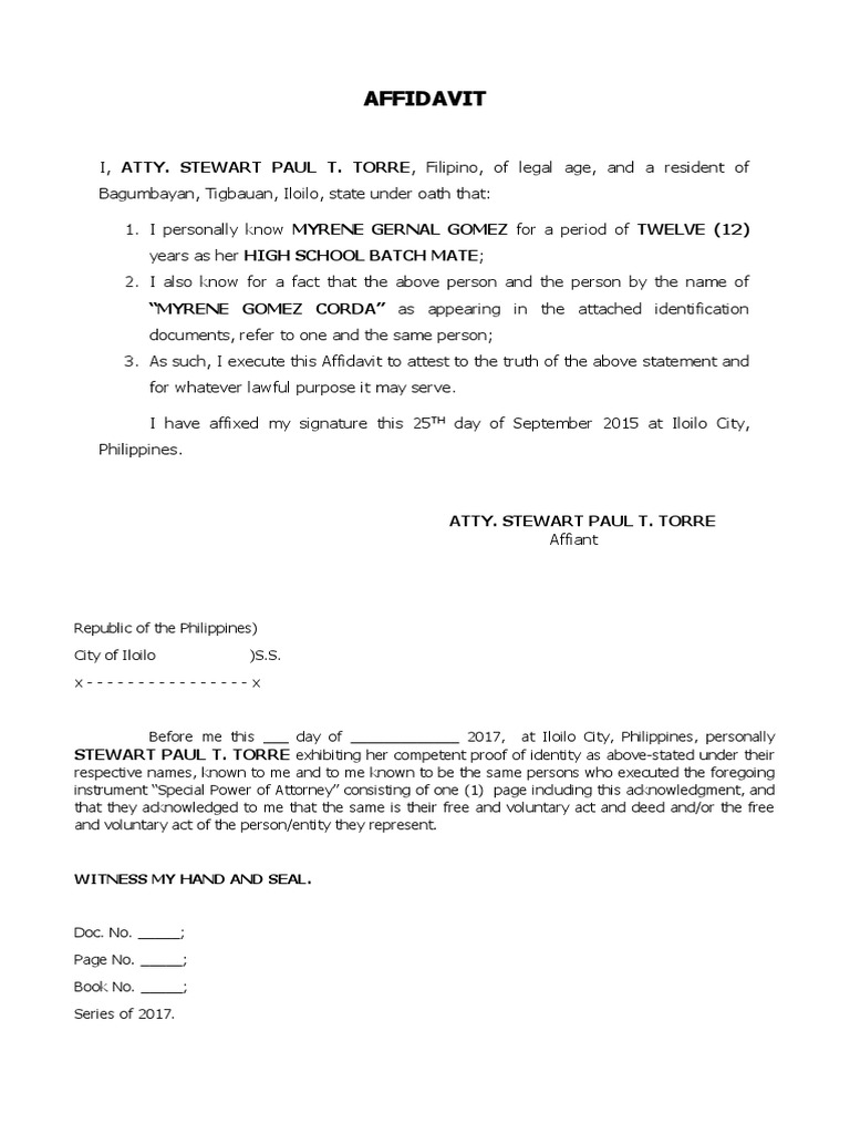 AFFIDAVIT (One and The Same Person) | PDF