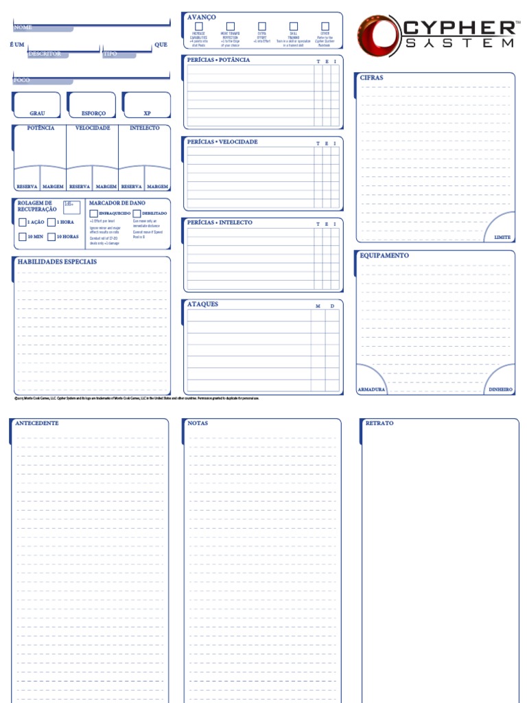Cypher System - Ficha Traduzida (Imprimir) | PDF | Lazer