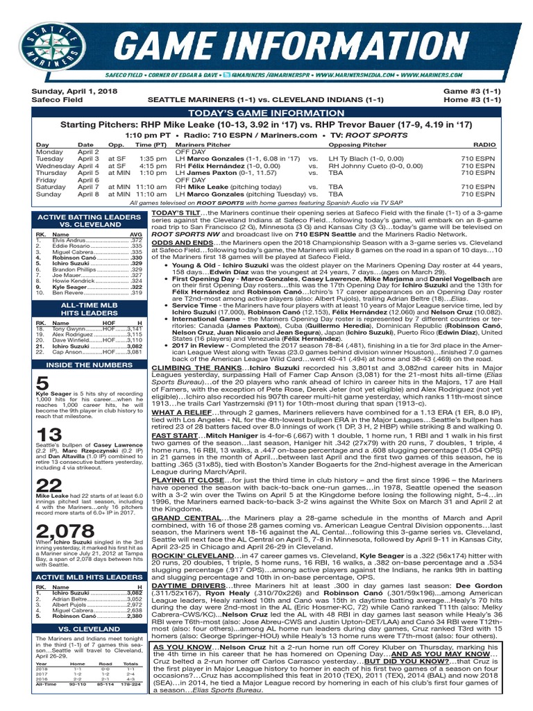 04.01.18 Game Notes | PDF | Baseball Positions | Athletic Sports