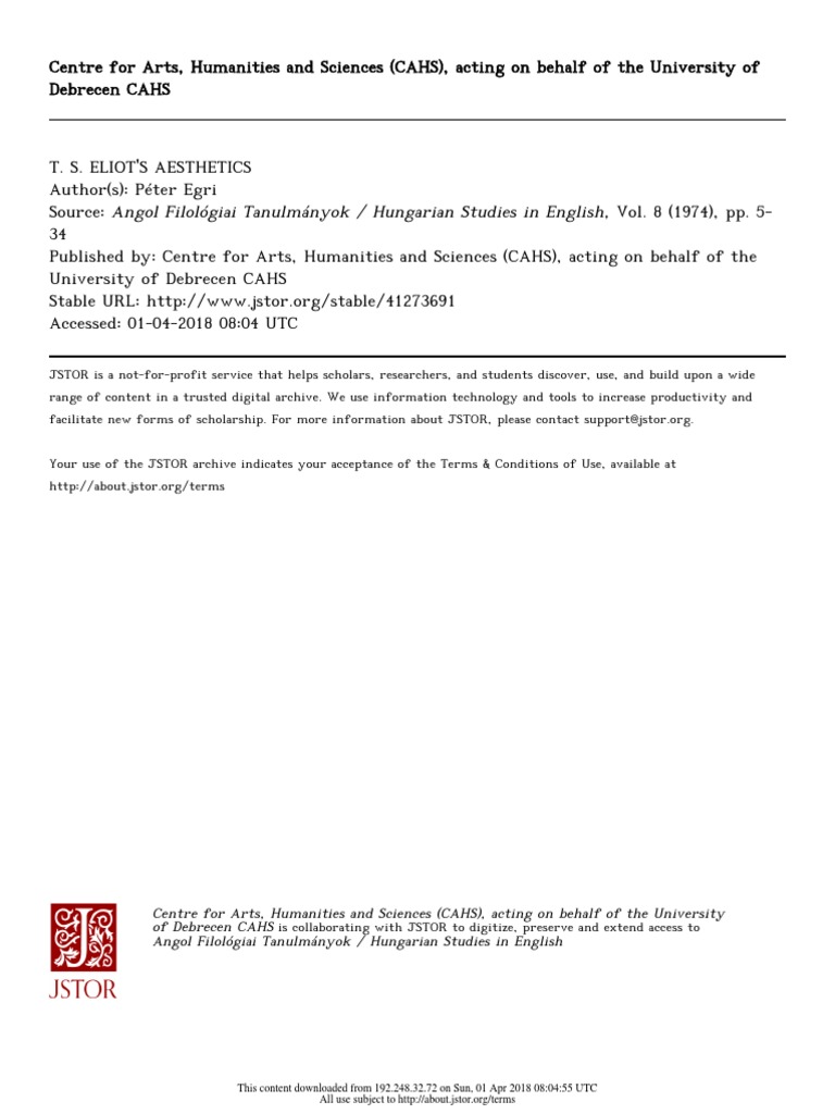 T. S. Eliot's Aesthetics Péter Egri | PDF | T. S. Eliot | Poetry