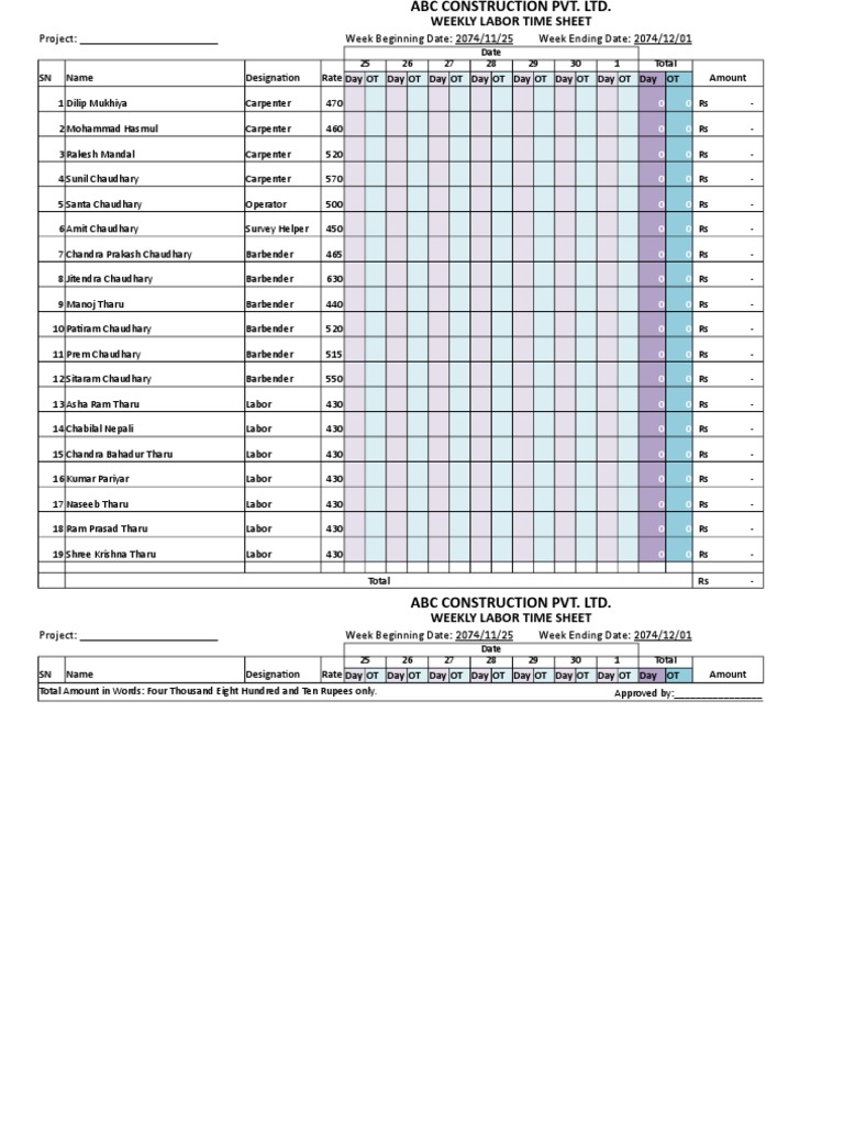 Labor Sheet Format | Download Free PDF | Rupee