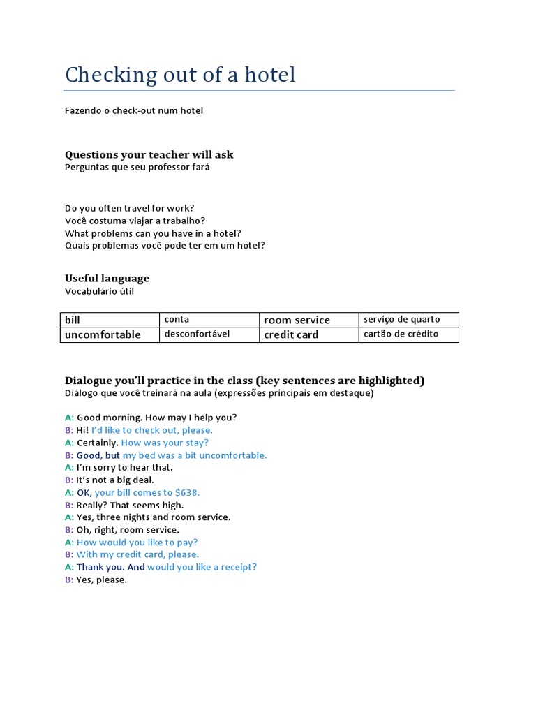 Checking Out of A Hotel: Questions Your Teacher Will Ask | PDF