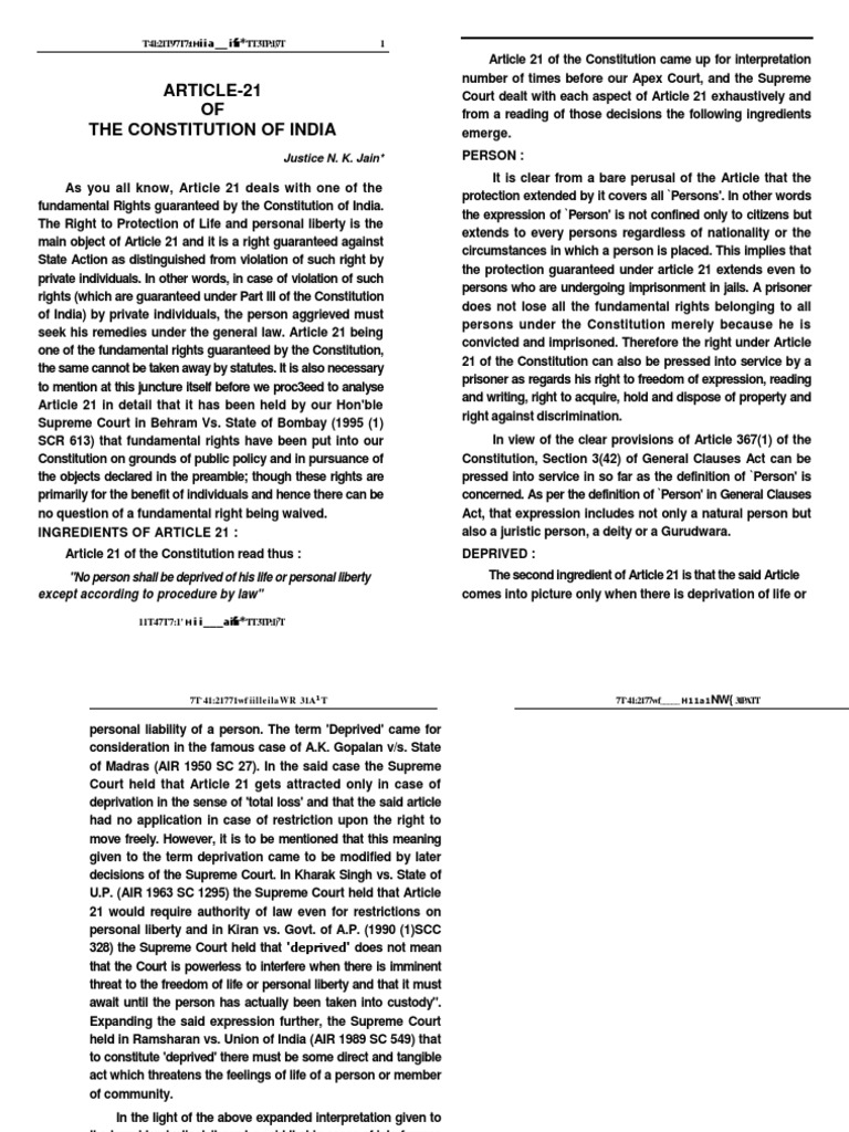 Article 21: Right to Life & Liberty | PDF | Supreme Court Of India ...