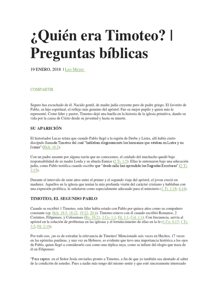 ¿Quién Era Timoteo Preguntas Bíblicas | PDF | San timoteo | Pablo el apóstol