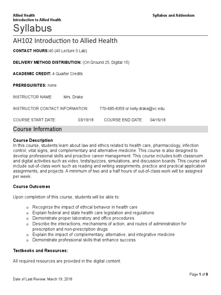 Syllabus: AH102 Introduction To Allied Health | PDF | Alternative ...